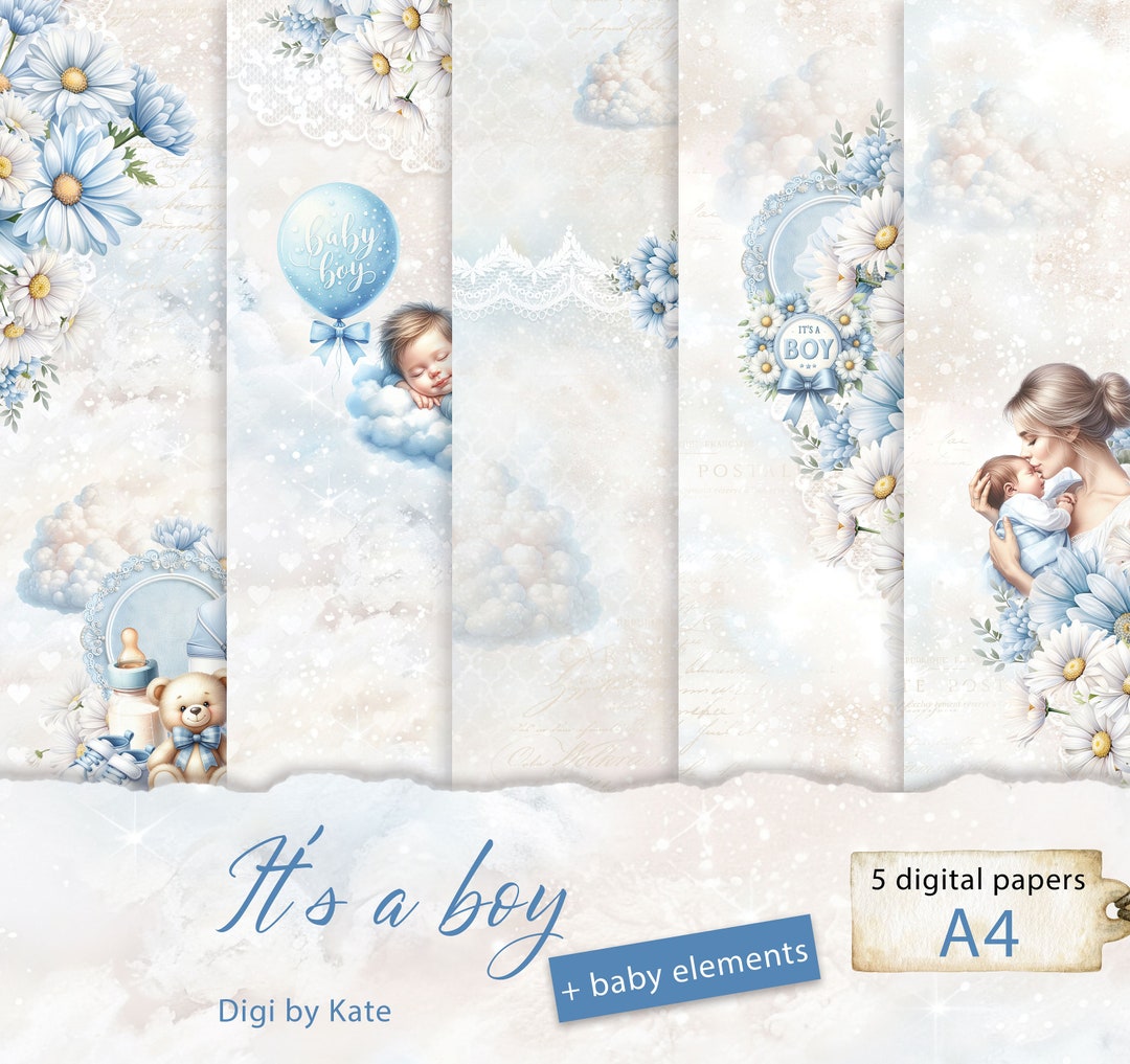 It's a Boy 5 A4 is a Digital Paper Set for a Birth of a Baby Boy, Baby ...