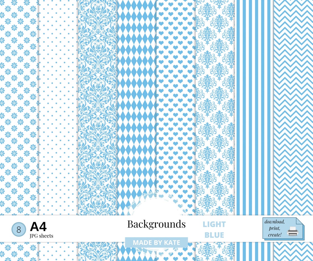 Light Blue Background Digital Paper, A4 Digital Damask Paper, Blue ...