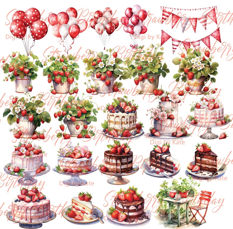 Strawberry Birthday 73 PNG Clipart Bundle, PNG Cake, Birthday Junk ...