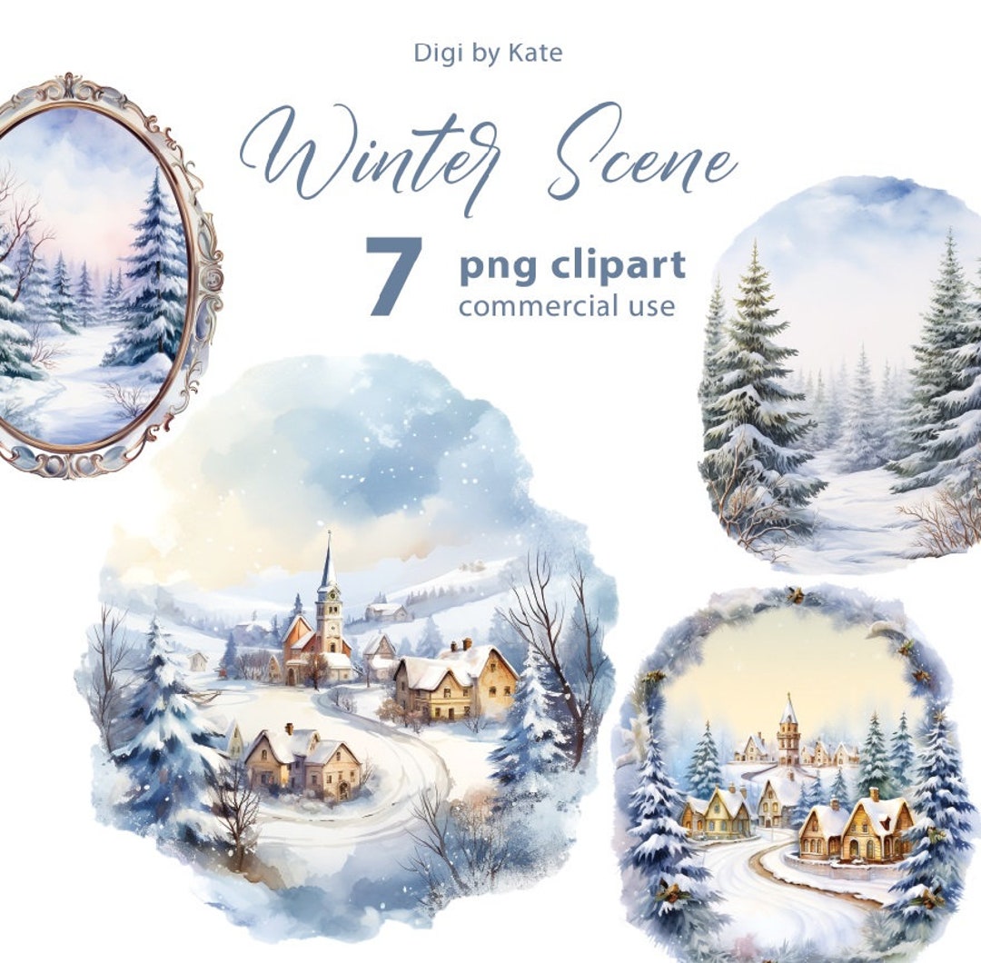 Winter Scene 7 PNG Clipart Set, Winter Watercolor Illustrations on ...