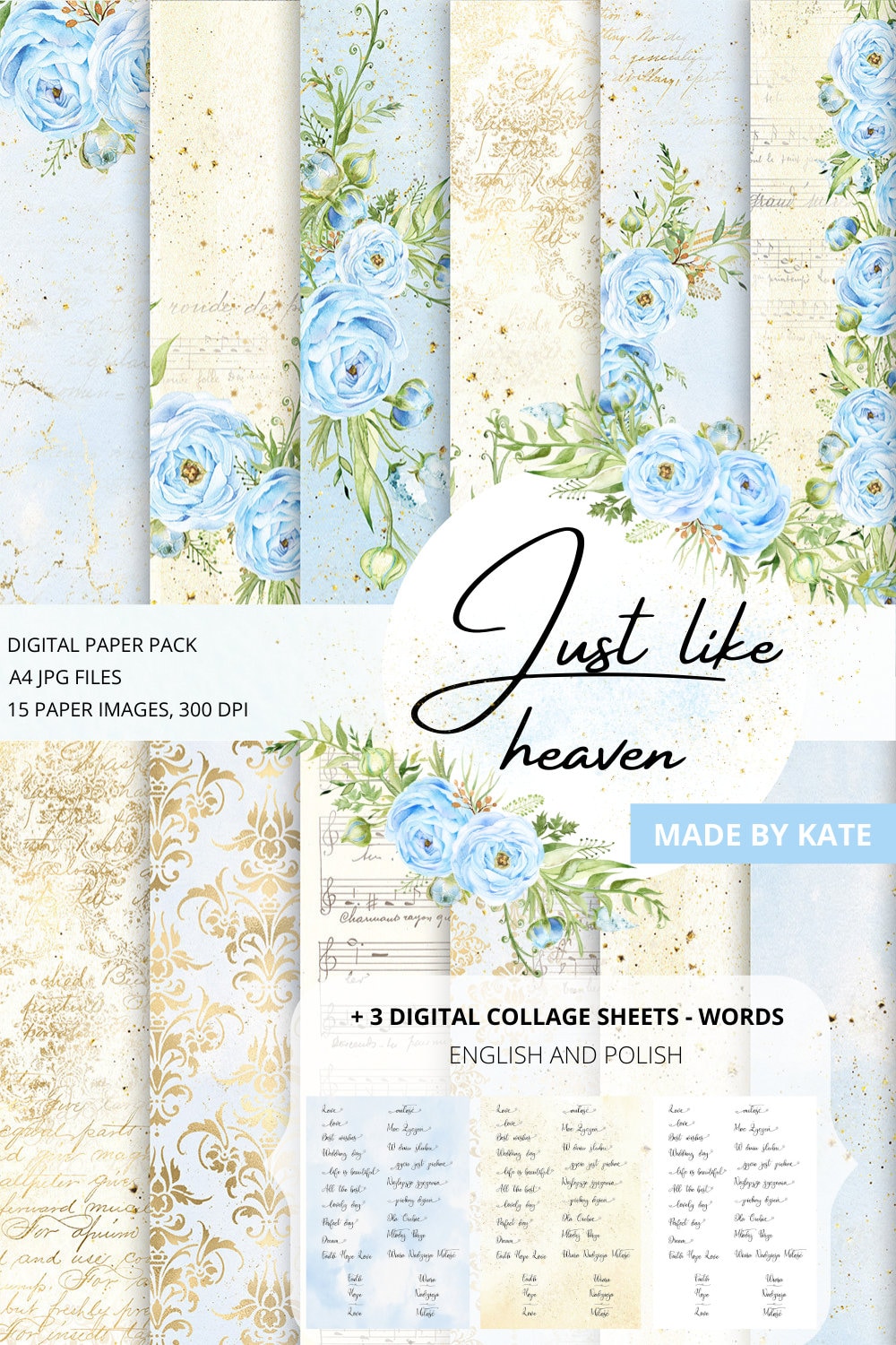 Blue Digital Paper English Words Digital Paper Floral - Etsy