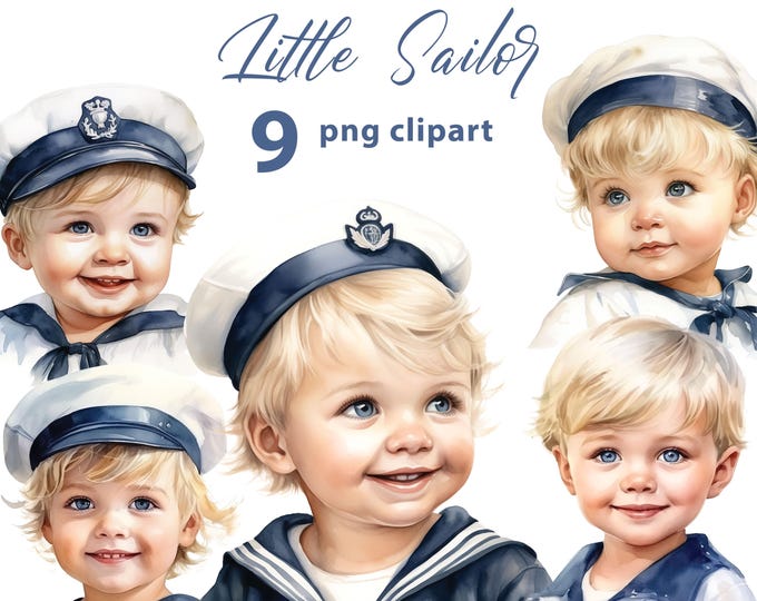 Little Sailor Boy Watercolor Clipart Bundle, Transparent PNG, Digital ...