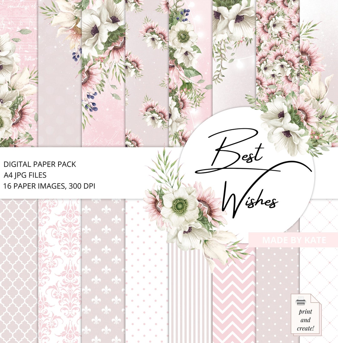 Blush and Grey Digital Paper, Blush Pink Floral Birthday Digital Paper ...