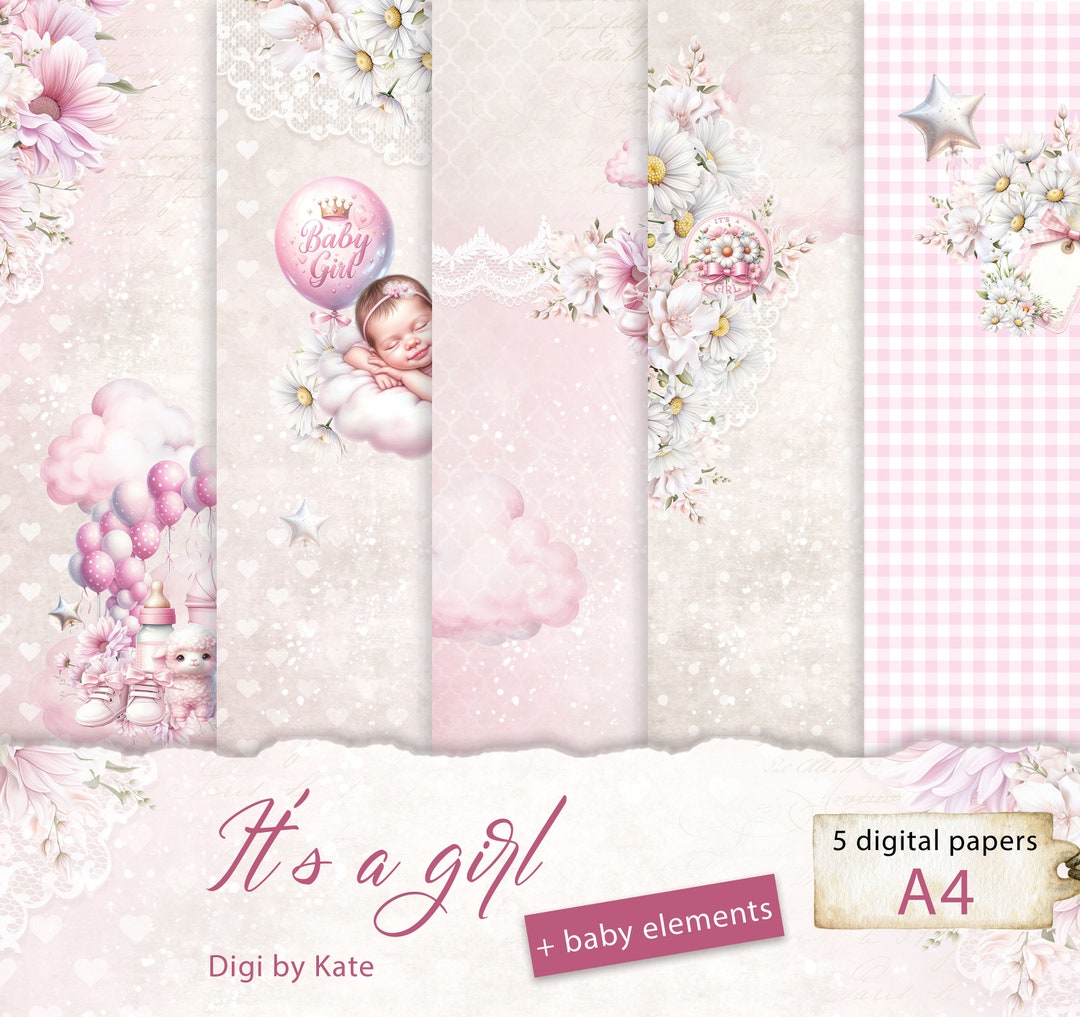 It's a Girl 5 A4 is a Digital Paper Set for a Birth of a Baby Girl ...