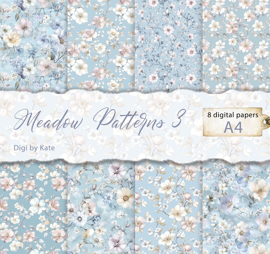 Meadow Patterns 3 on 8 A4 JPG Pages, Blue Shabby Backgrounds for ...