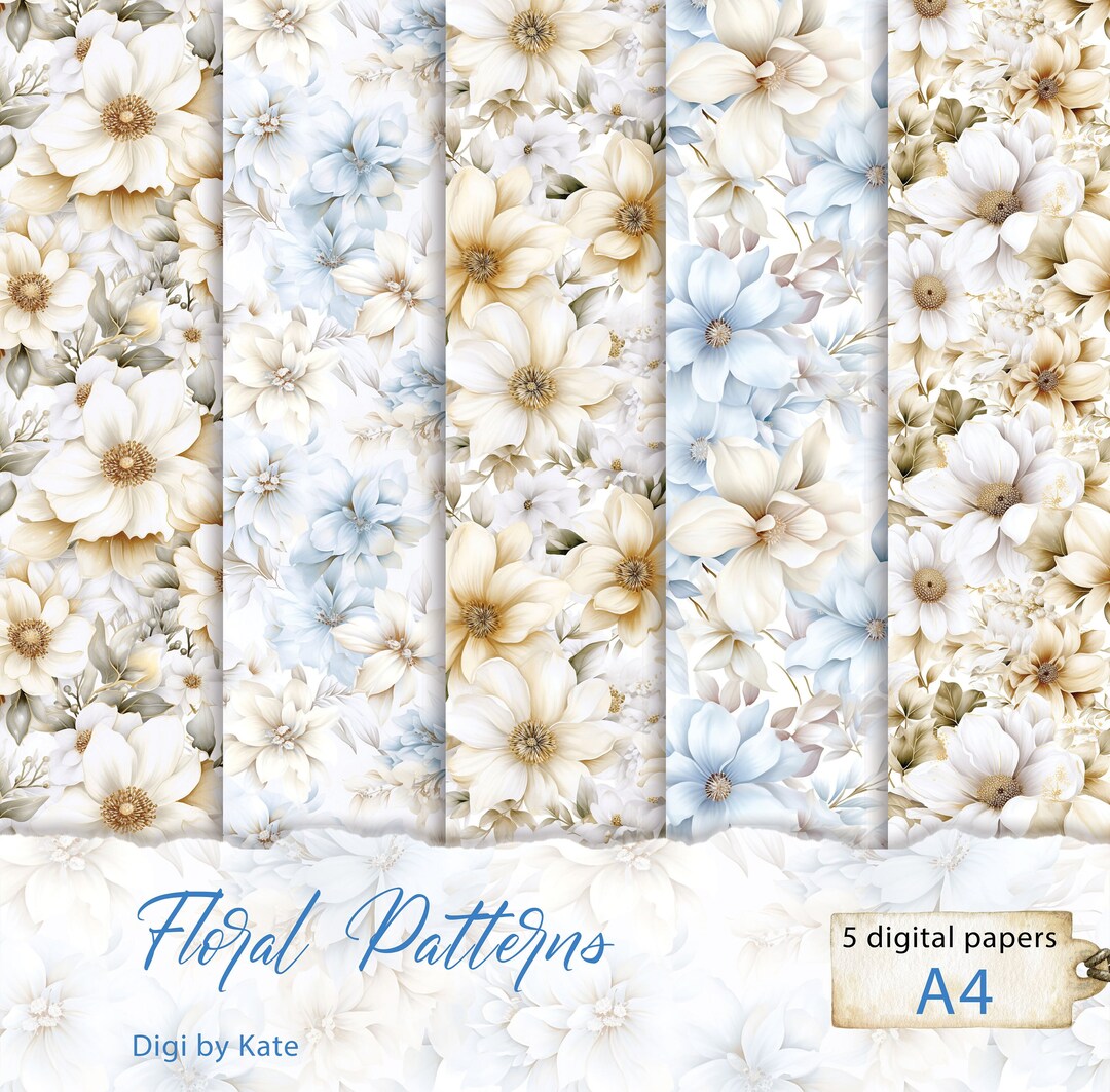 Floral Patterns 5 A4 Blue Beige Digital Paper Pack, Floral Background ...