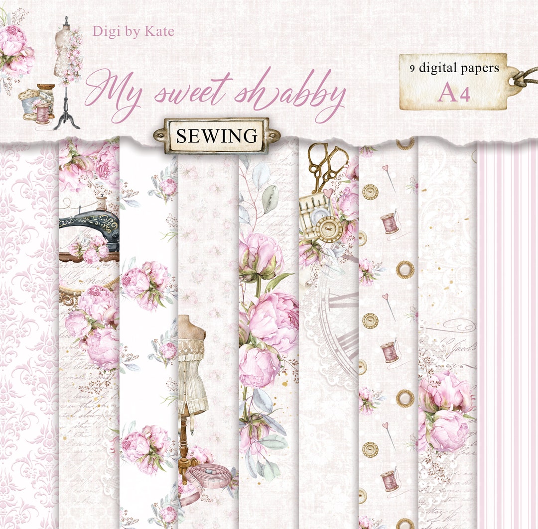 My Sweet Shabby Sewing Digital Paper, Shabby Chic Sew Scrapbook Paper ...