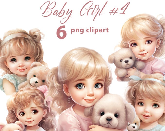 Sweet Baby Girl With Teddy Bear Clipart 12 Jpgs Little Girl Watercolor ...