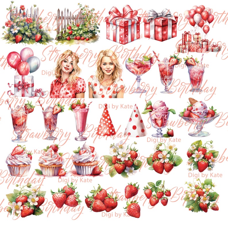Strawberry Birthday 73 PNG Clipart Bundle, PNG Cake, Birthday Junk ...