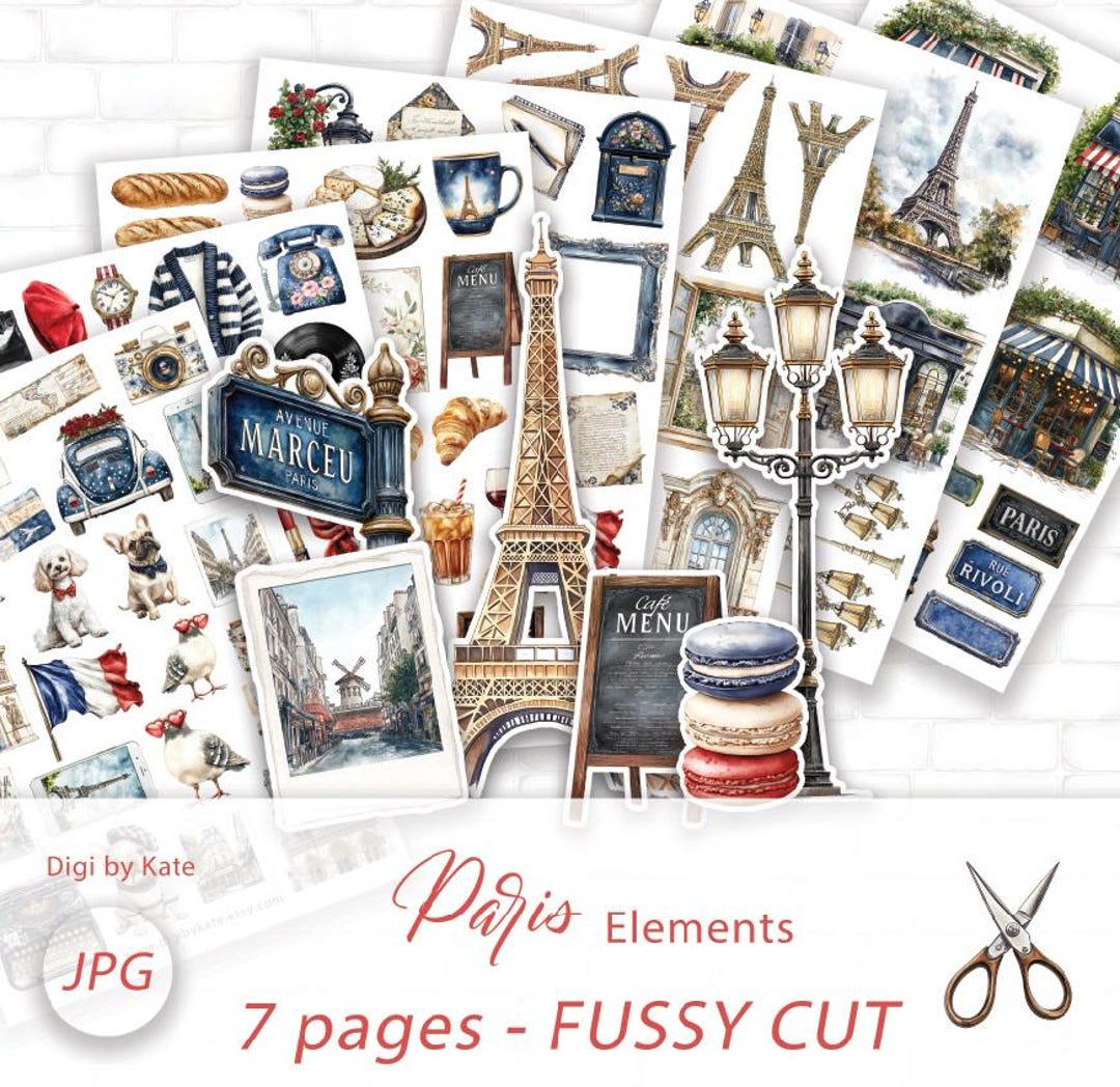 Paris Elements Fussy Cut on 7 A4 JPG Sheets, Red and Blue Images for ...