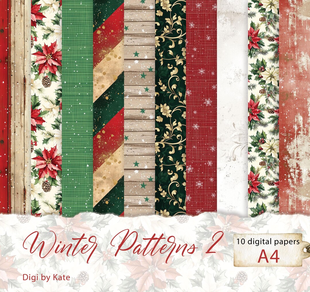 Winter Red and Green Patterns on 10 A4 JPG Pages, Backgrounds for ...