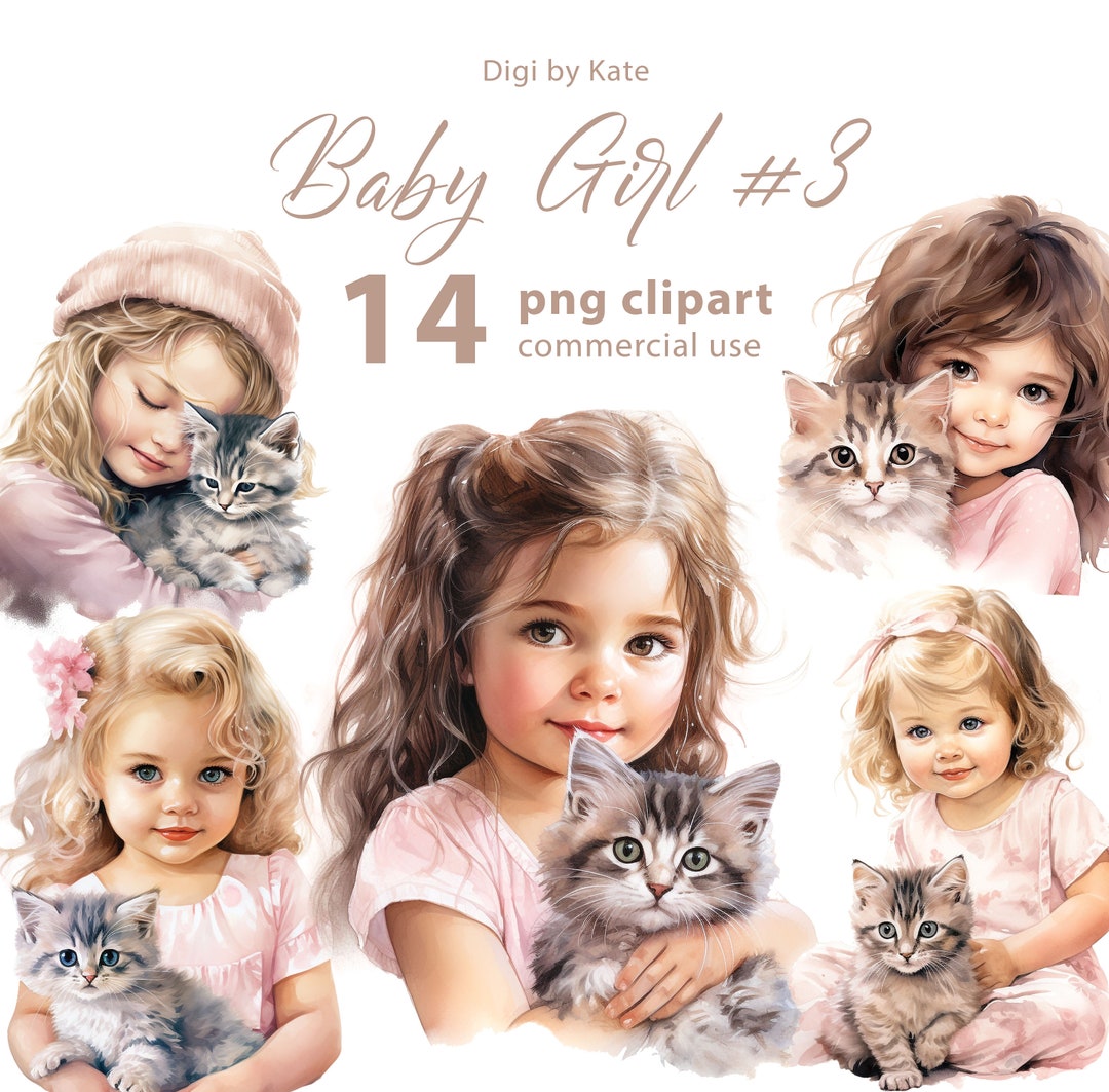 Baby Girl 3 14 PNG Clipart Set, Girl & Cat Clipart, Baby Girl With Cat ...