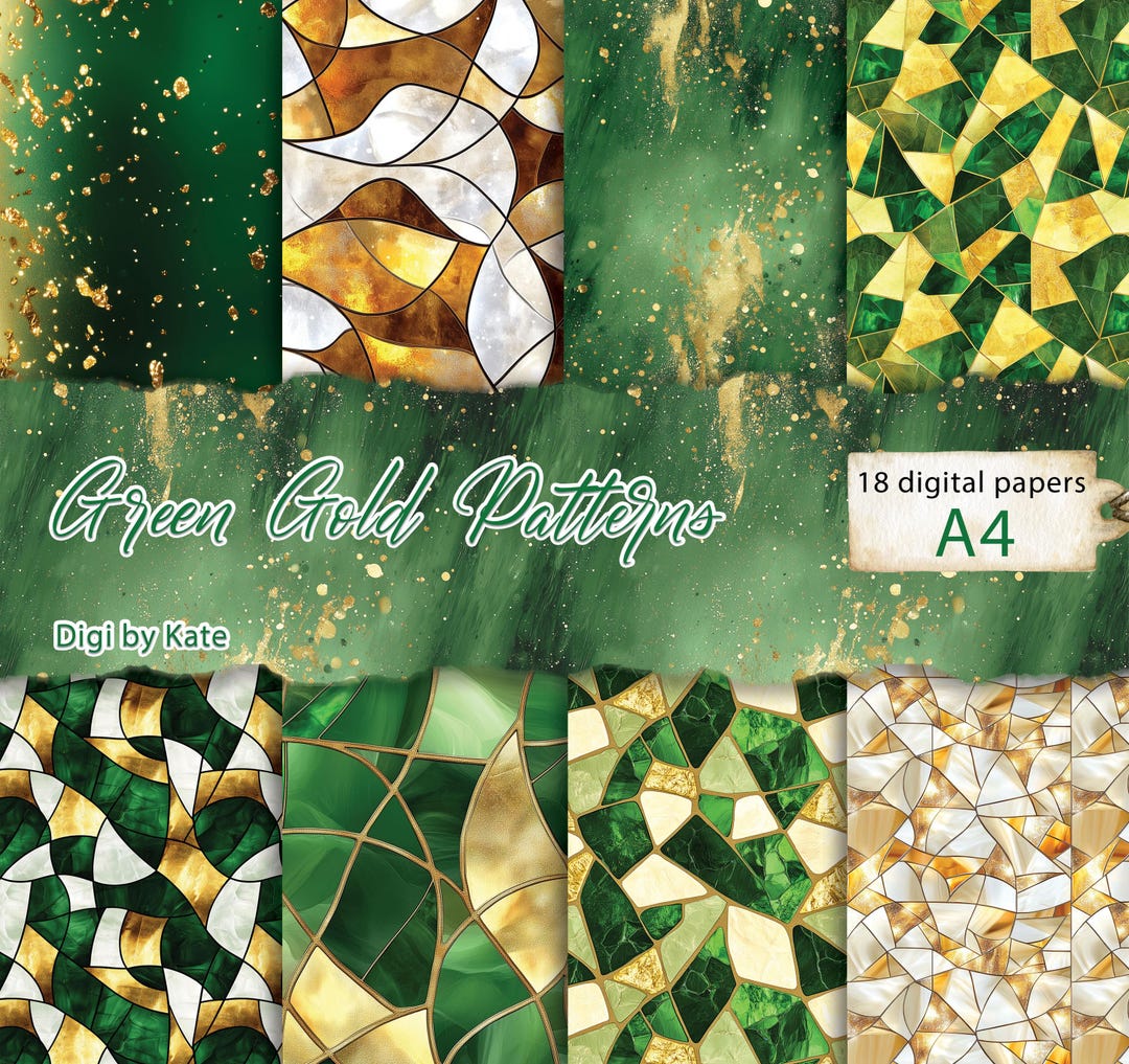 Green and Gold Patterns - Set of 8 A4 JPG Elegant Scrapbook Pages - Etsy