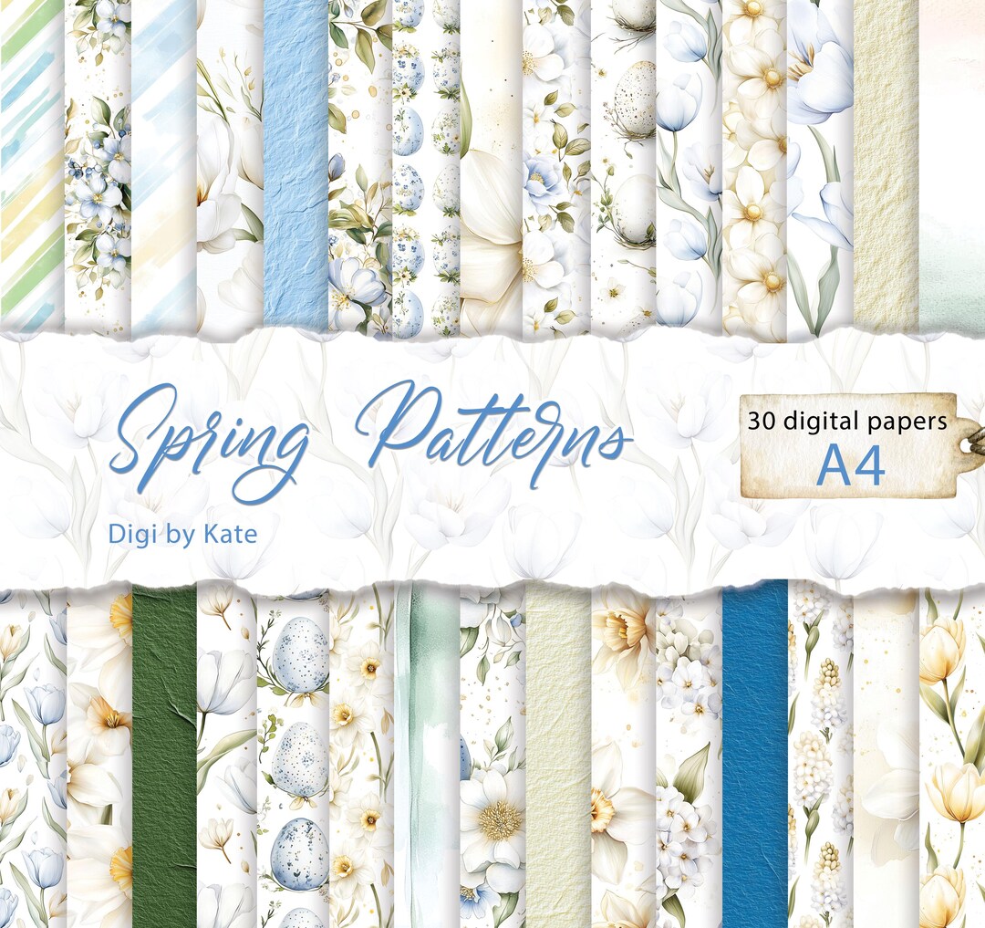 Spring Patterns on 30 A4 JPG Pages, Pastel Blue and Pastel Yellow ...