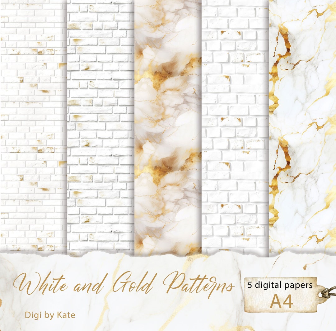 White and Gold Patterns 5 A4 JPG Background Digital Paper, Brick Wall ...