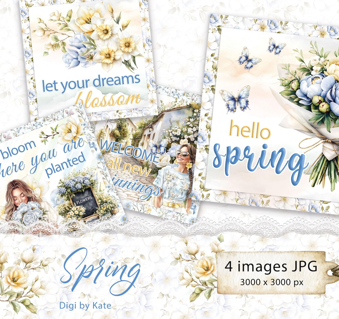 Set of 4 Spring Themed JPG Cards for Scrapbooking and Junk Journal - Etsy