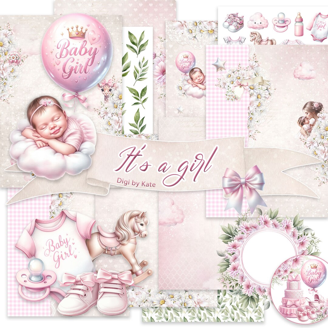 It' a Girl is a Digital Paper Bundle for a Birth of a Baby Girl, Baby ...