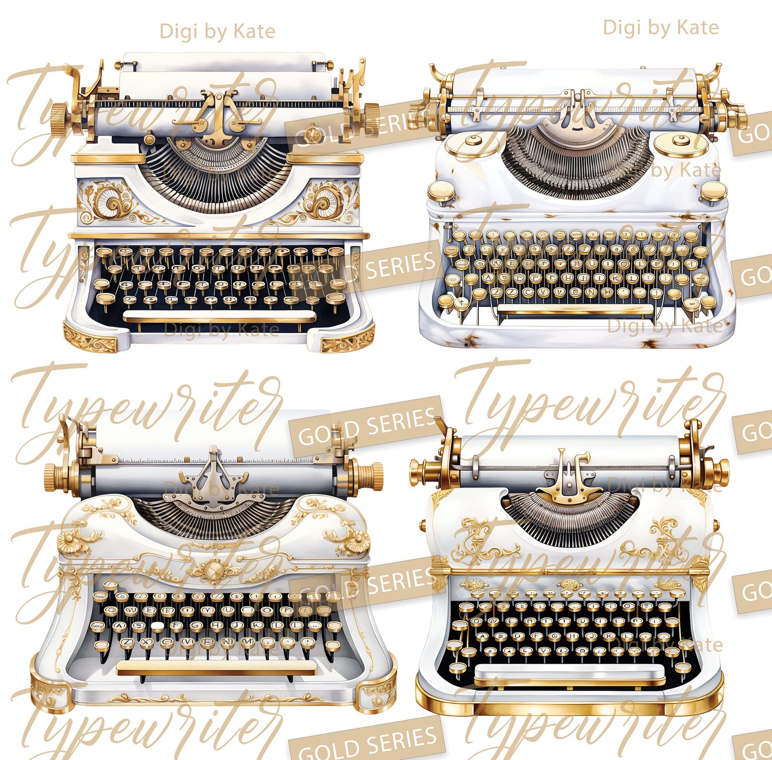 Typewriter Gold Series 8 PNG Clipart Set, Gold and White Typewriter ...