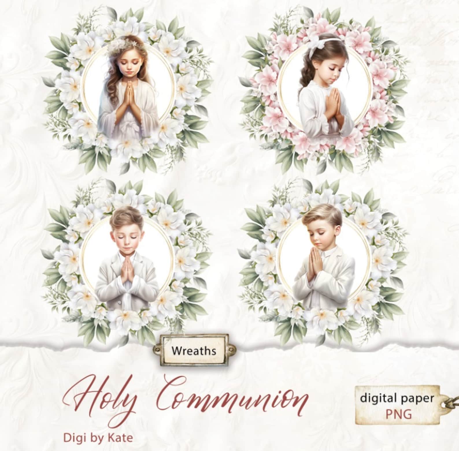 Holy Communion Wreaths 4 PNG Clipart With Praying Boys and Girls, Round ...