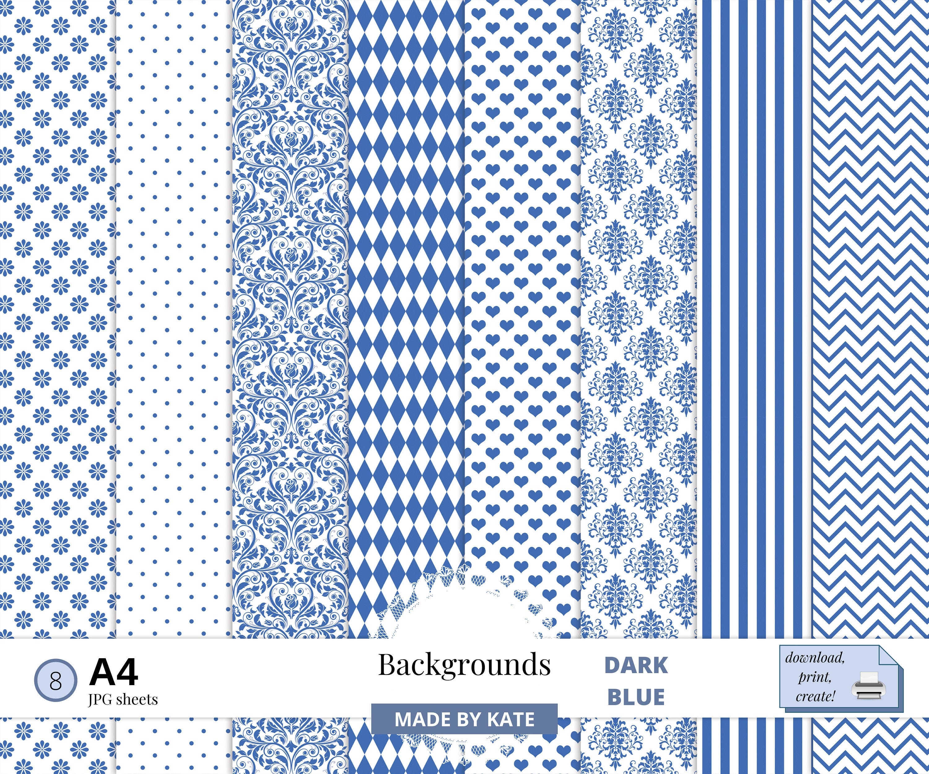 Dark Blue Background Digital Paper, A4 Digital Damask Paper, Blue ...