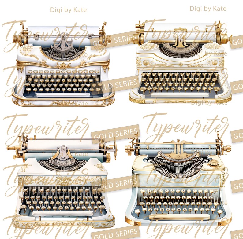 Typewriter Gold Series 8 PNG Clipart Set, Gold and White Typewriter ...