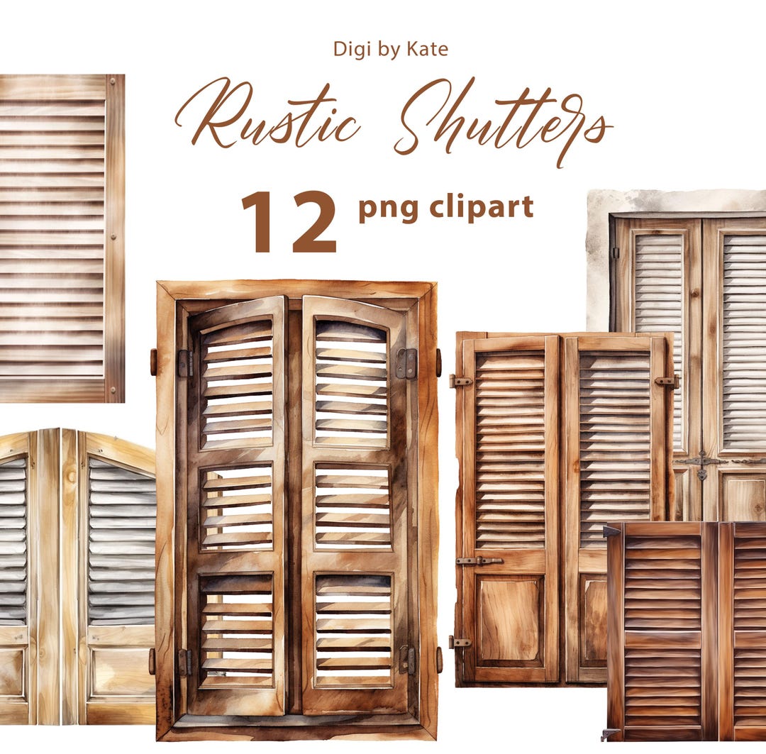 Rustic Shutters 12 PNG Clipart Set, Rustic Shutter Clipart, Old Wooden Shutter Watercolor, PNG ...