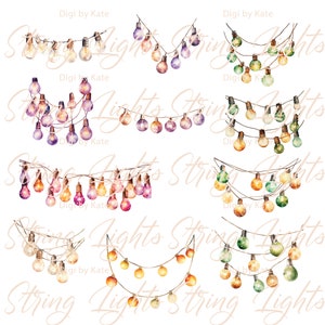 String Lights 11 PNG Clipart Set, Fairy Lights Watercolor, Colorful ...