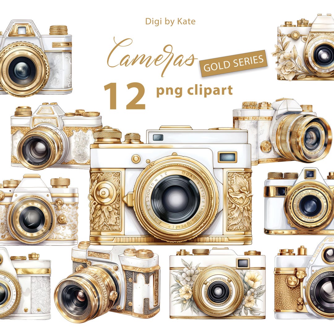 Cameras Gold Series 12 PNG Clipart Set, Gold and White Cameras Clipart ...