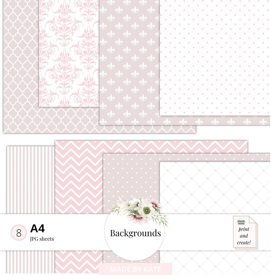 Blush and Grey Background Digital Paper A4 Digital Damask | Etsy