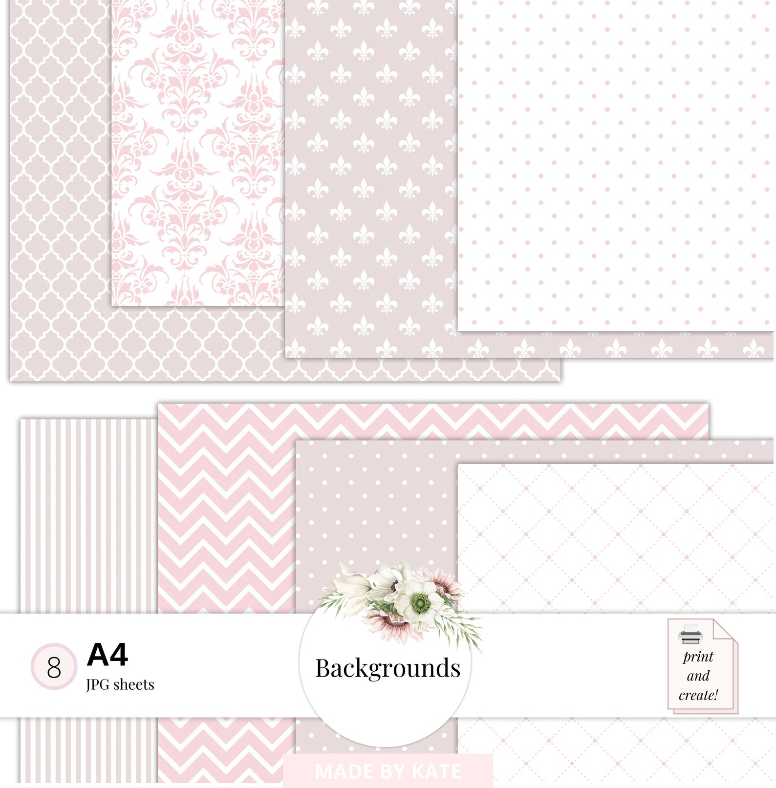 Blush and Grey Background Digital Paper A4 Digital Damask | Etsy