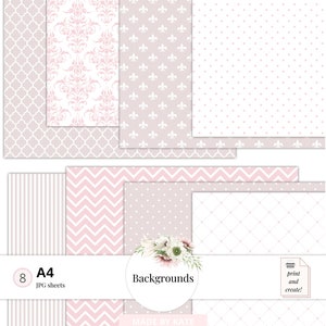 Blush and Grey Background Digital Paper, A4 Digital Damask Paper ...