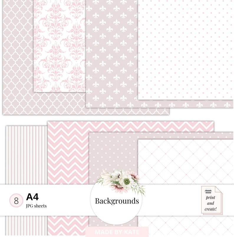 Blush and Grey Background Digital Paper, A4 Digital Damask Paper ...