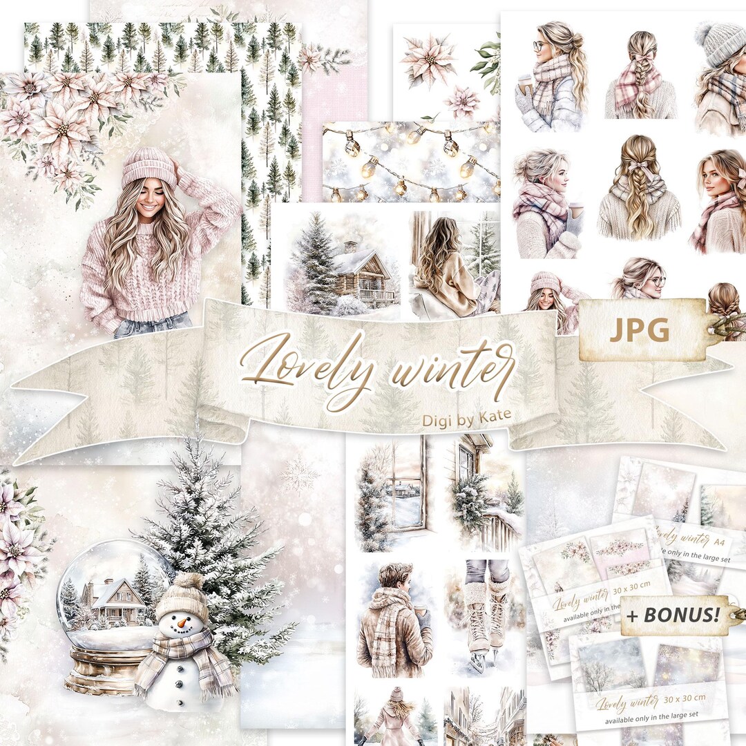 Lovely Winter is a Digital Paper Bundle for Junk Journal and ...