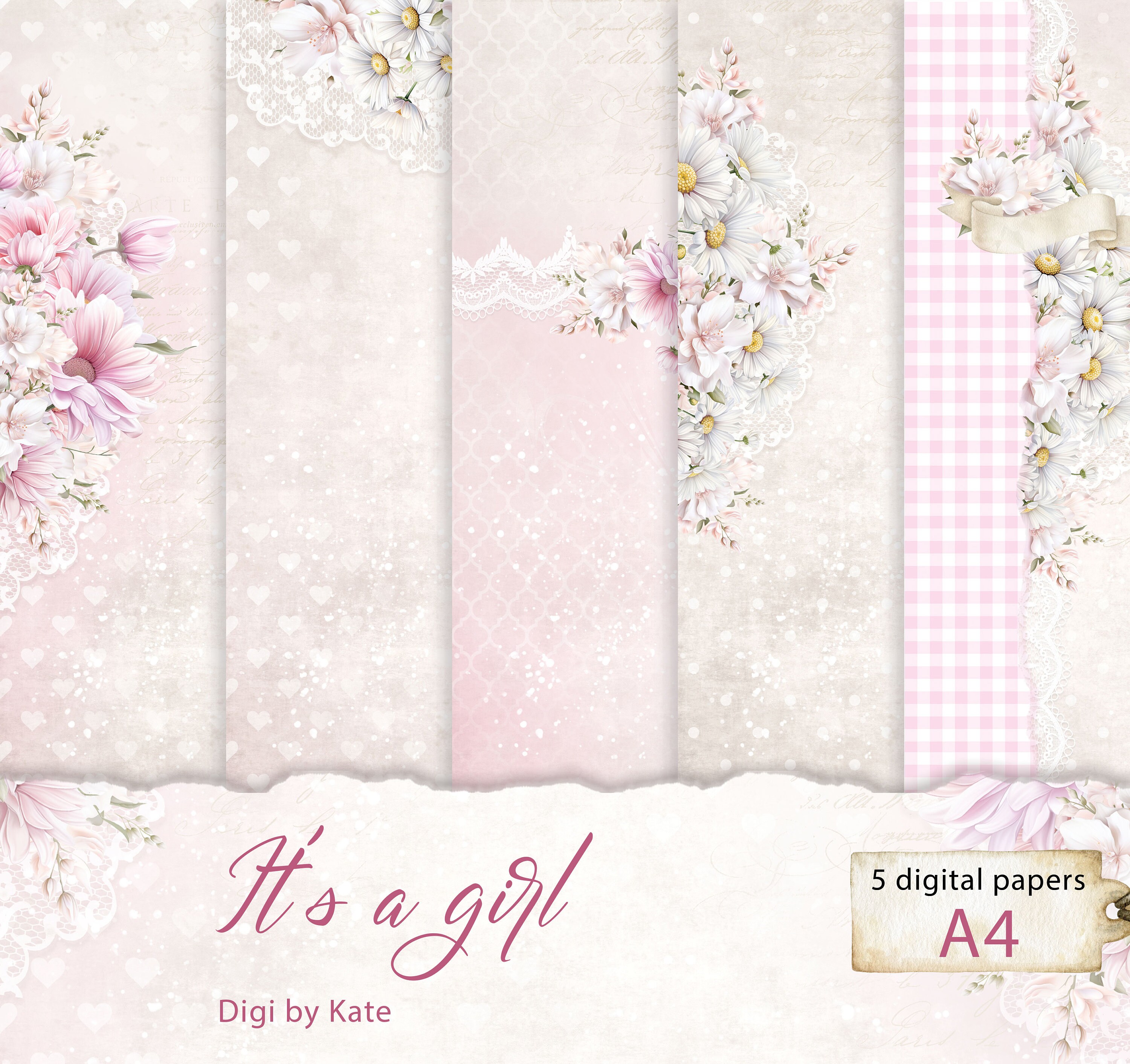 It' a Girl is a Digital Paper Bundle for a Birth of a Baby Girl, Baby ...