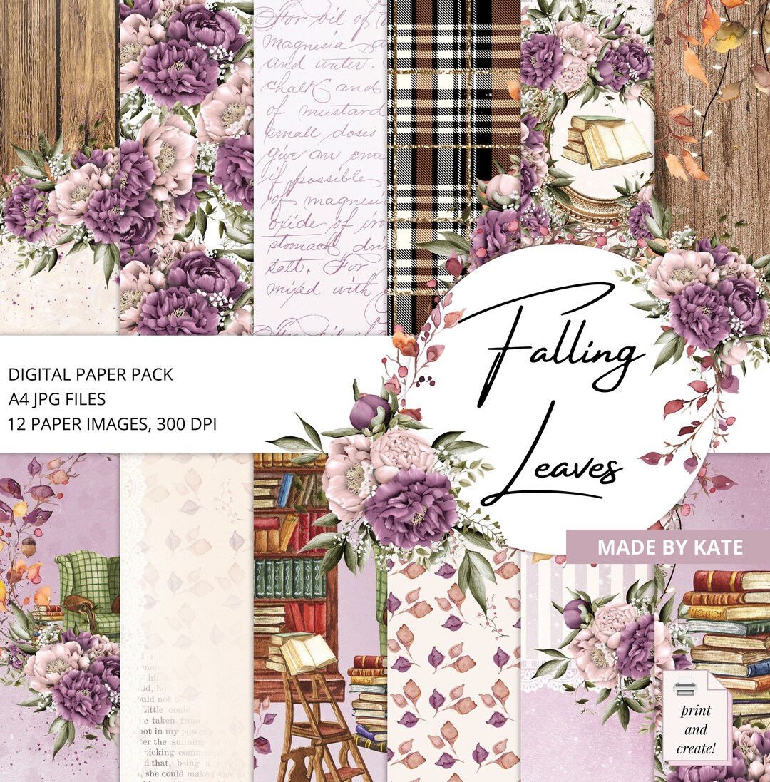 Autumn Digital Paper, Booklover Digital Papers, Printable Autumn Purple ...