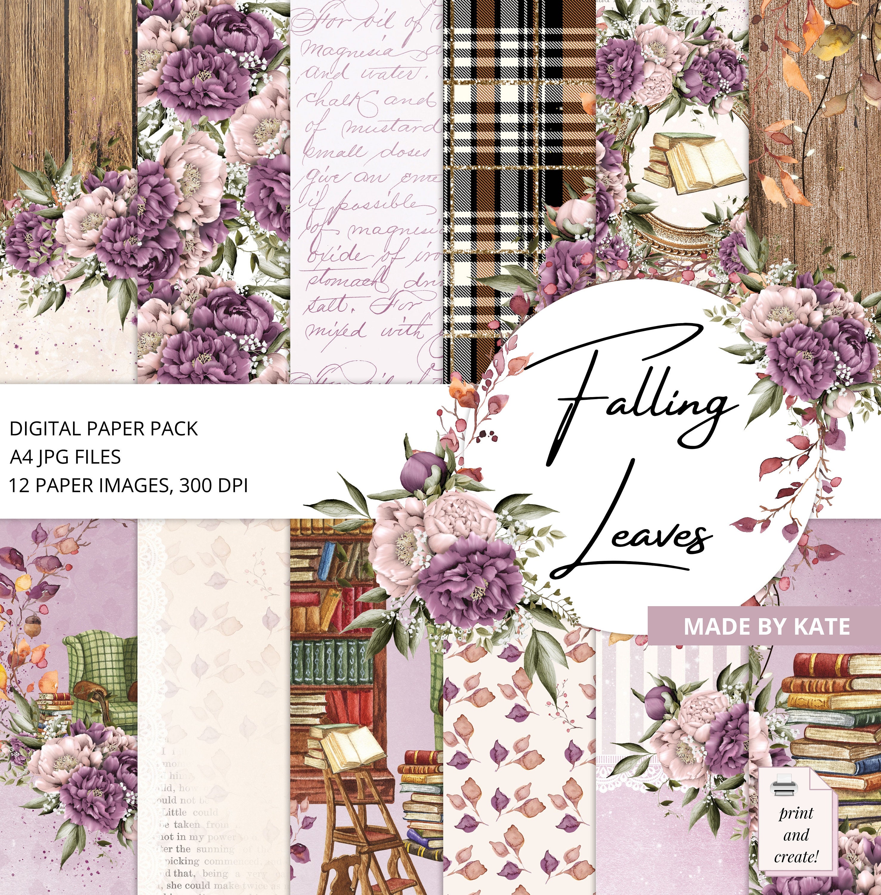 Autumn Digital Paper, Booklover Digital Papers, Printable Autumn Purple ...