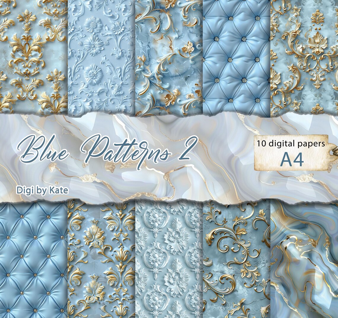 Blue Patterns #2 - Set of 10 A4 JPG Scrapbook Pages - Etsy