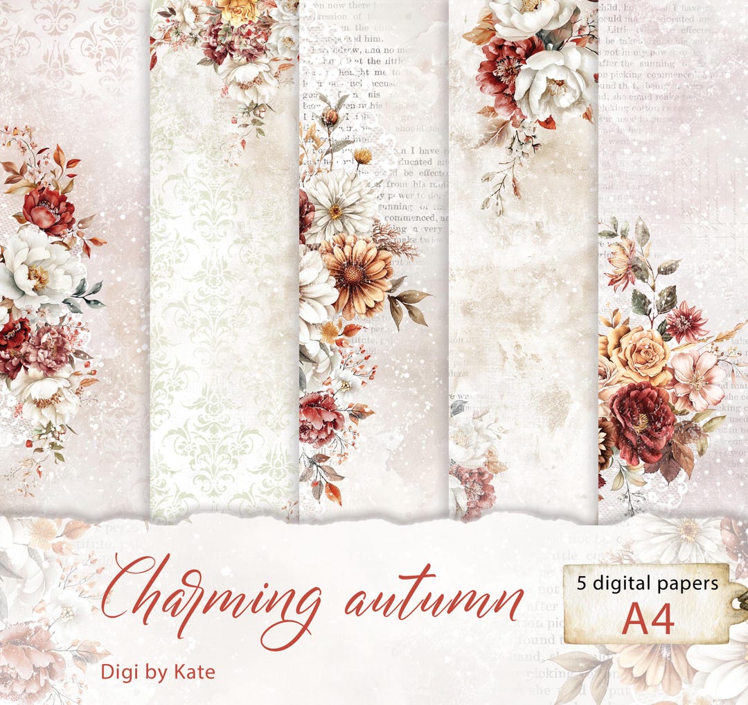 Autumn Digital Paper 5 A4 is a Digital Paper Set in Red White Brown ...