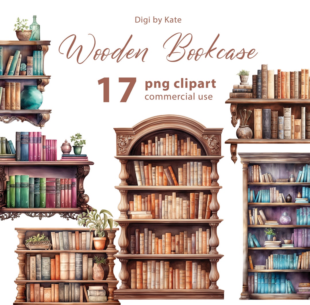 Wooden Bookcase 17 PNG Clipart Set, Wooden Watercolor Bookshelf ...