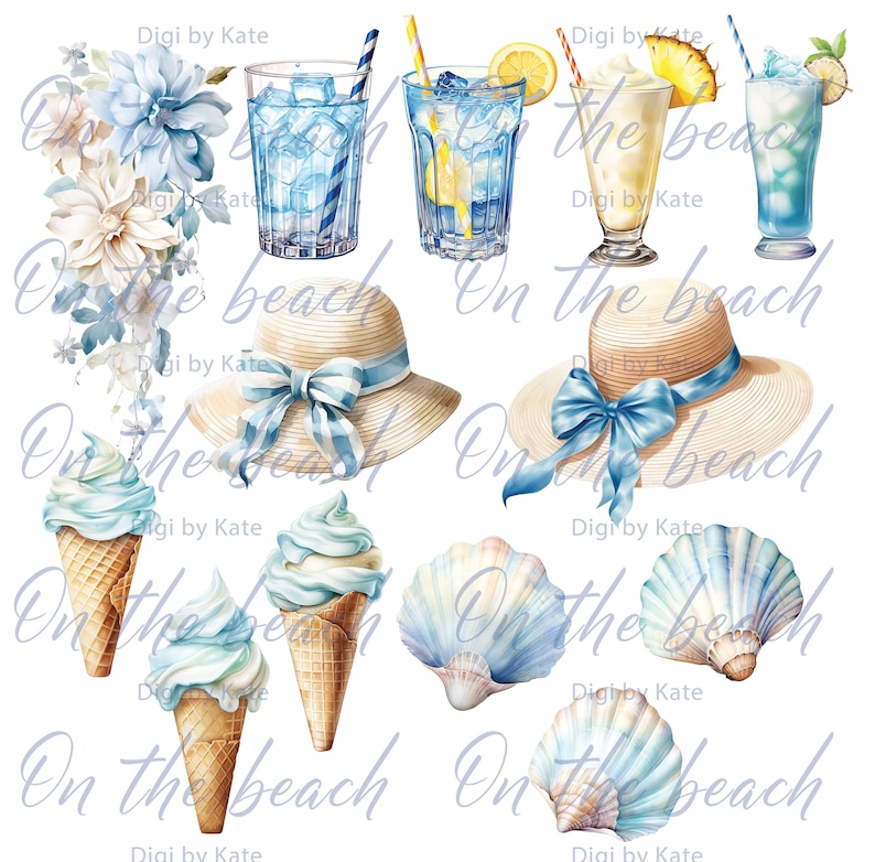 On the Beach 45 PNG Blue Summer Clipart Set, Blue Beach Watercolor, PNG ...