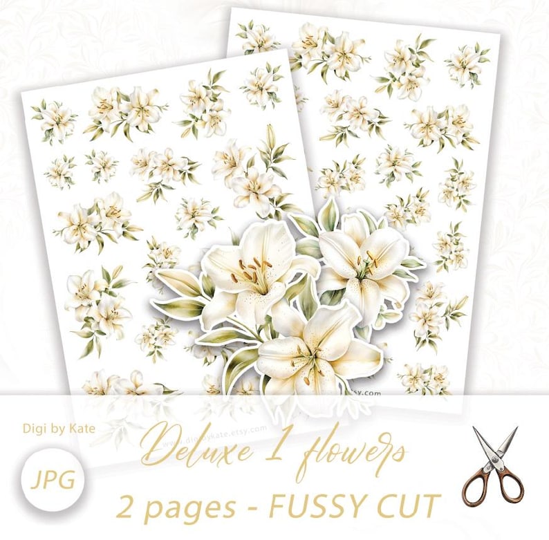 Fussy Cut Beige Lily Flower on 2 A4 JPG Pages for Journals and ...