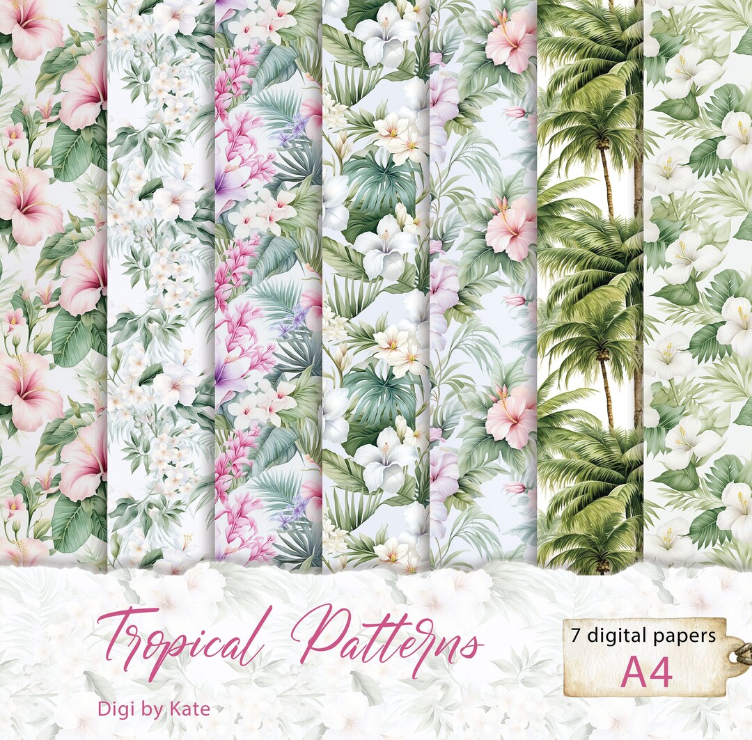 Tropical Patterns 7 A4 JPG Background Digital Paper, Tropical Flowers ...