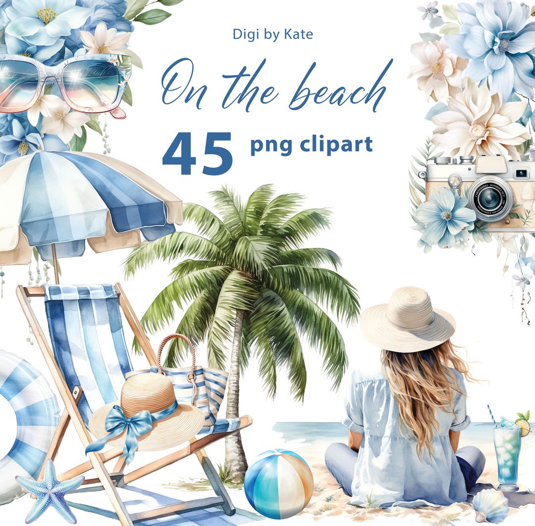 On the Beach 45 PNG Blue Summer Clipart Set, Blue Beach Watercolor, PNG ...