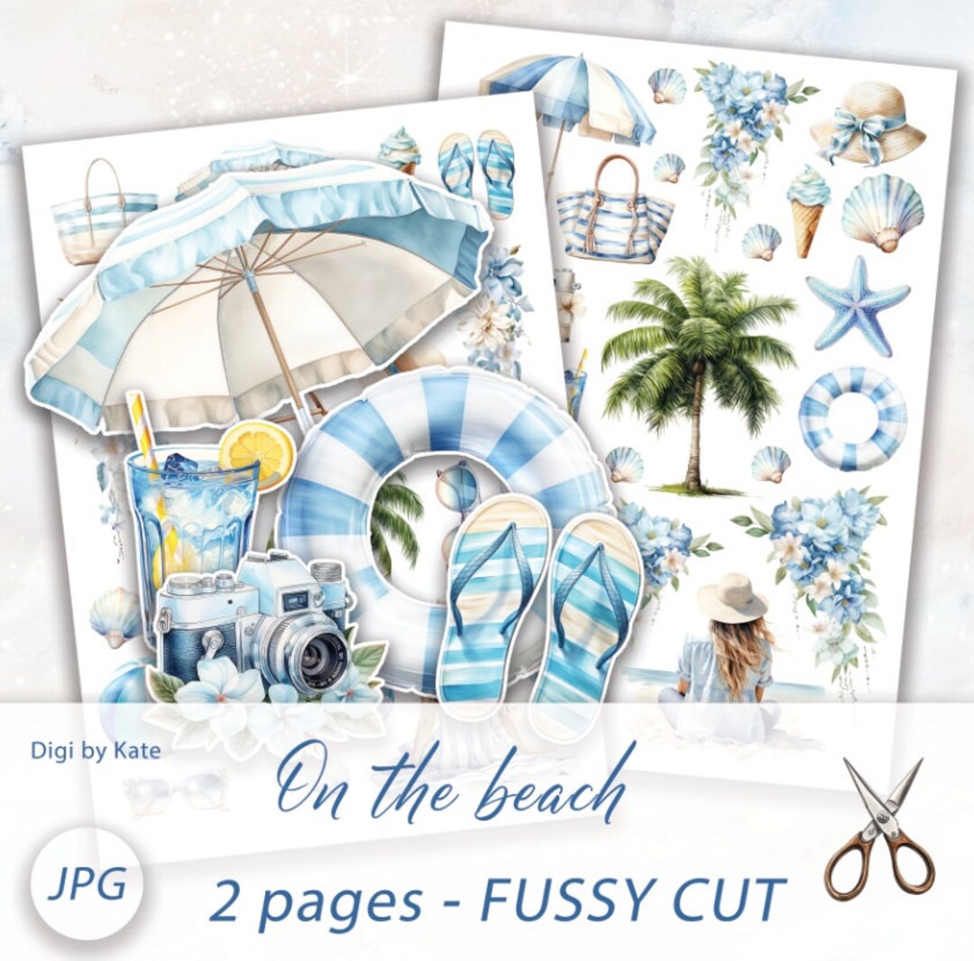 On the Beach Blue Fussy Cut, A4 JPG Printable, Summer Beach Elements ...