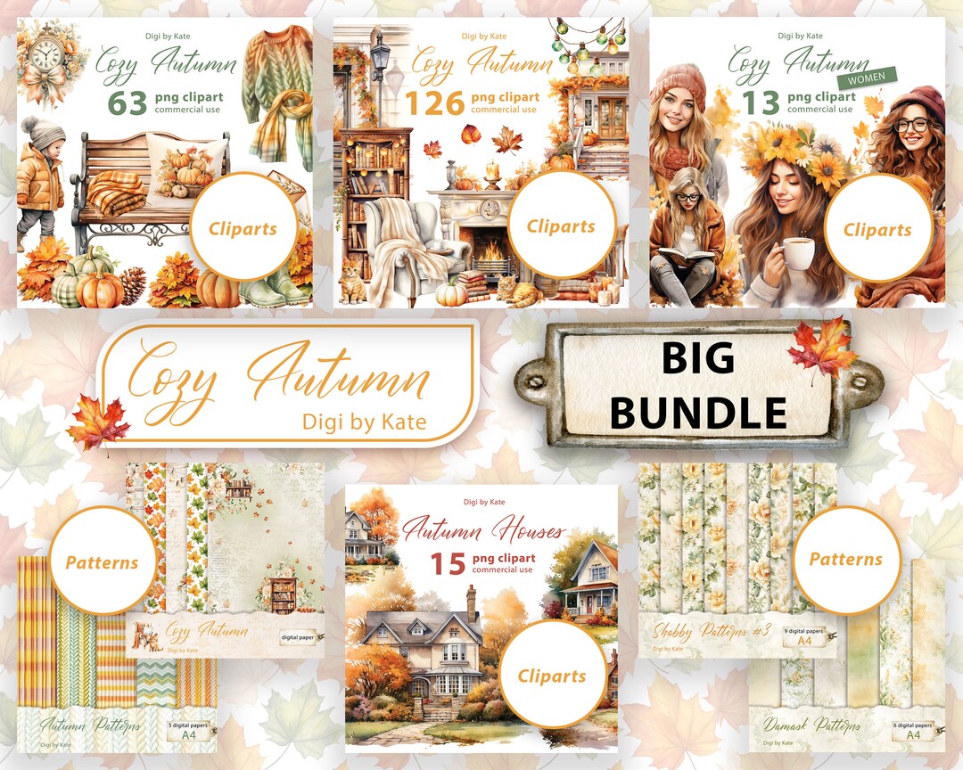 Cozy Autumn Big Bundle, PNG Autumn Leaves, Fall Junk Journal Elements ...