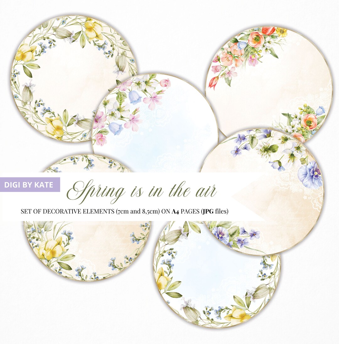 Spring Printable Circles, Spring Flower Elements, Spring Journal Tags ...