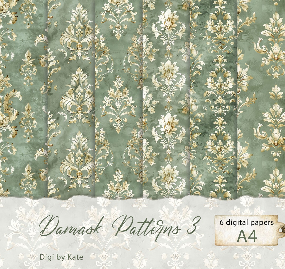 Damask Patterns in Green and Beige Colors on 6 A4 JPG Pages - Etsy
