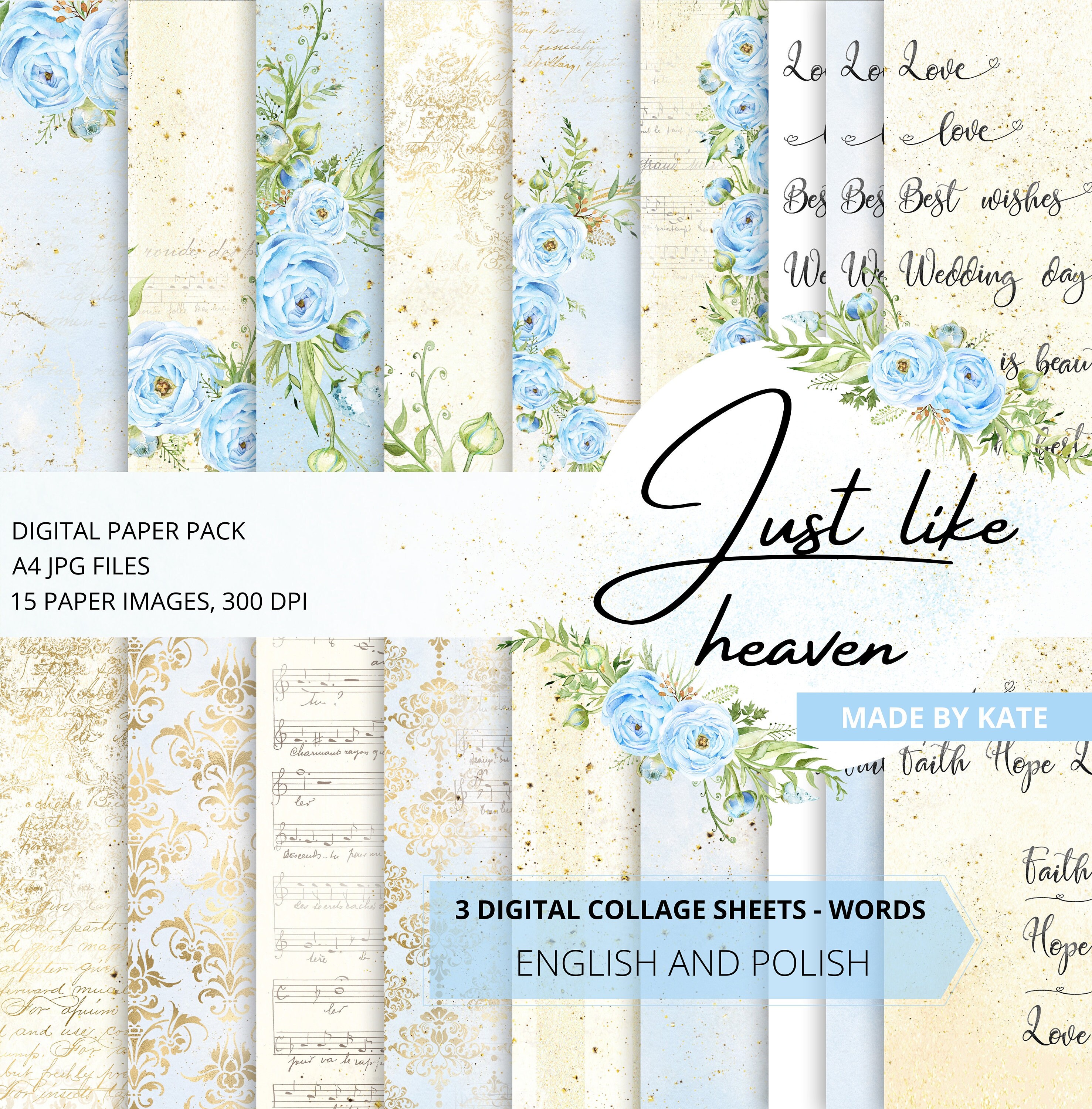 Blue Digital Paper English Words Digital Paper Floral - Etsy