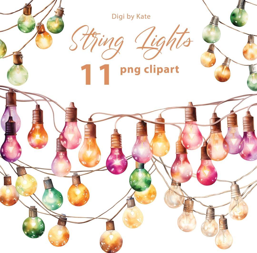 String Lights 11 PNG Clipart Set, Fairy Lights Watercolor, Colorful ...
