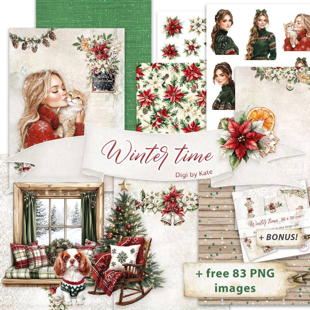 Red and Green Winter is a Digital Paper Bundle for Junk Journal and ...